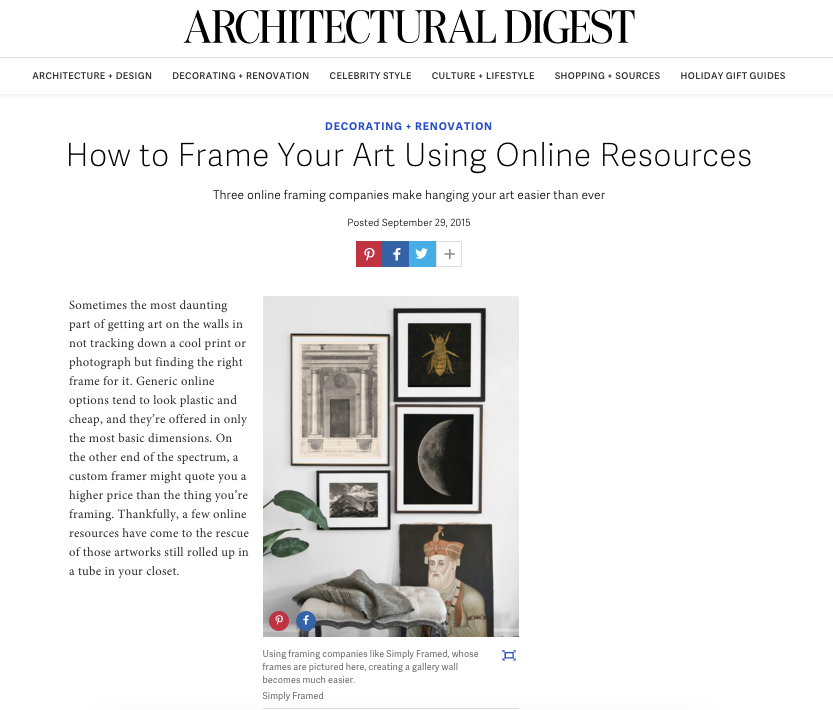 Online Framing Made Easy as Seen in Architectural Digest – Simply Framed